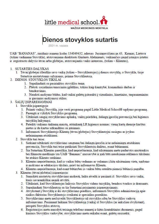 2021m. Dienos stovyklos sutartis – Little Medical School – Lithuania